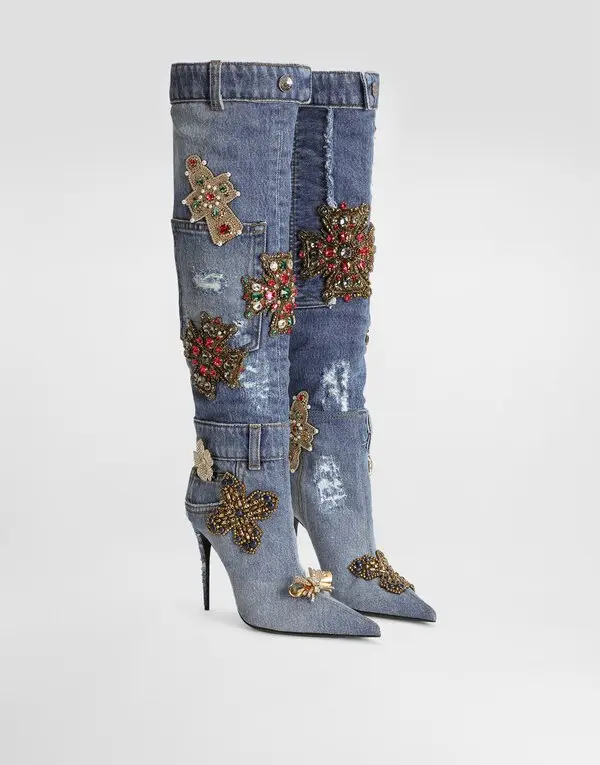 Dolce & Gabbana Embellished Denim Patchwork Boots