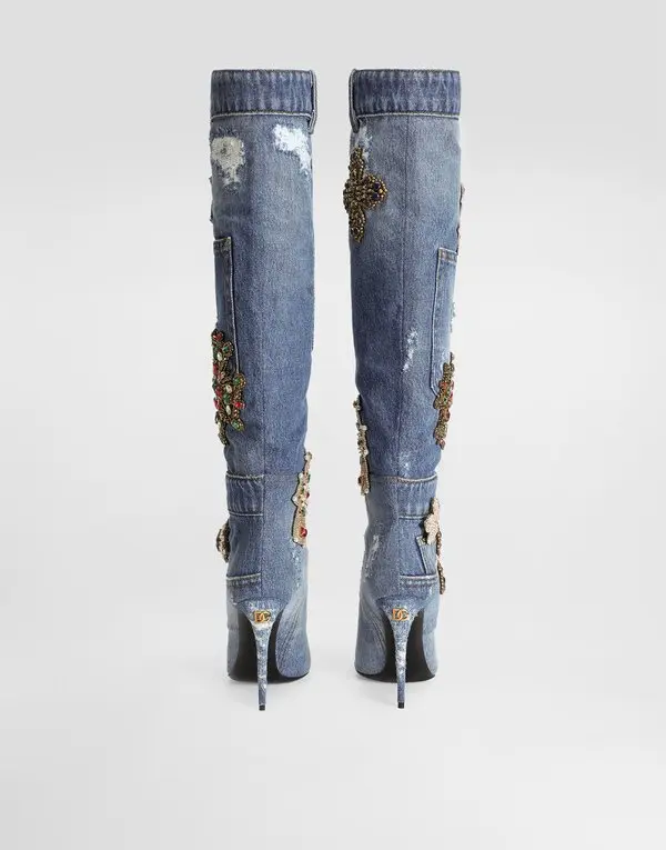 Dolce & Gabbana Embellished Denim Patchwork Boots