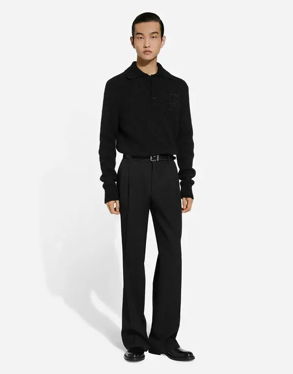 Dolce & Gabbana Long-sleeved Wool Polo Shirt With Embroidered Logo - Grey