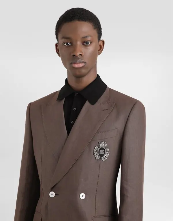 Dolce & Gabbana Double-breasted Linen Jacket With Patch Suits And Blazers - Brown