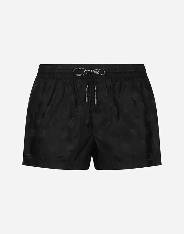Dolce & Gabbana Short Swim Trunks With Jacquard Dg Monogram Beachwear Satin - Black