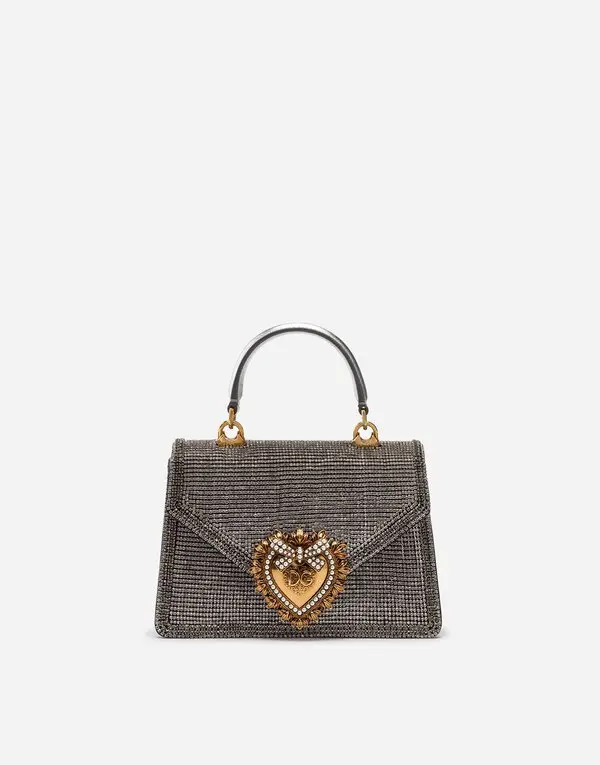 Dolce & Gabbana Small Devotion Bag In Mordore Nappa Leather With Rhinestone Detailing Handbags - Silver