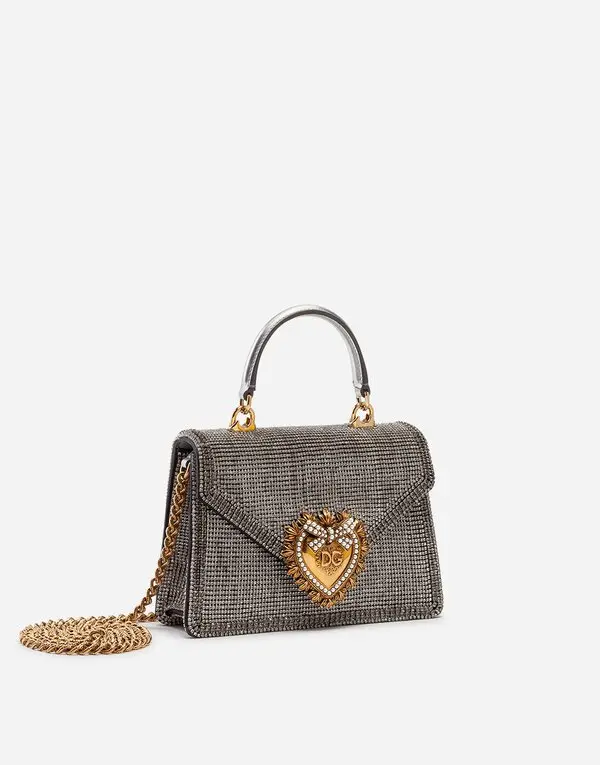 Dolce & Gabbana Small Devotion Bag In Mordore Nappa Leather With Rhinestone Detailing Handbags - Silver