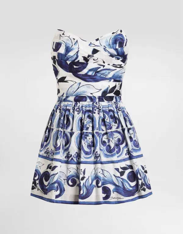 Dolce & Gabbana Dg Exclusive Majolica- Cotton Satin Dress Dresses Blue - Print