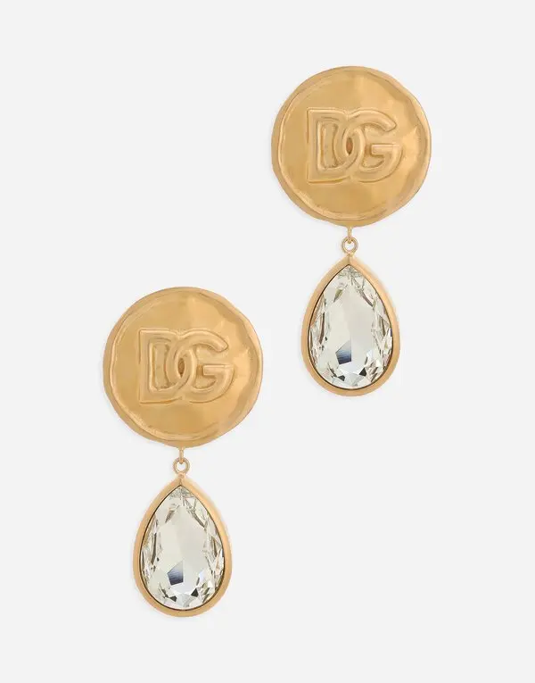 Dolce & Gabbana Earrings With Logo Coin And Rhinestone Pendants Bijoux Metal - Gold