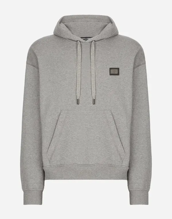 Dolce & Gabbana Jersey Hoodie With Branded Tag Sweatshirts Gray Cotton - Grey