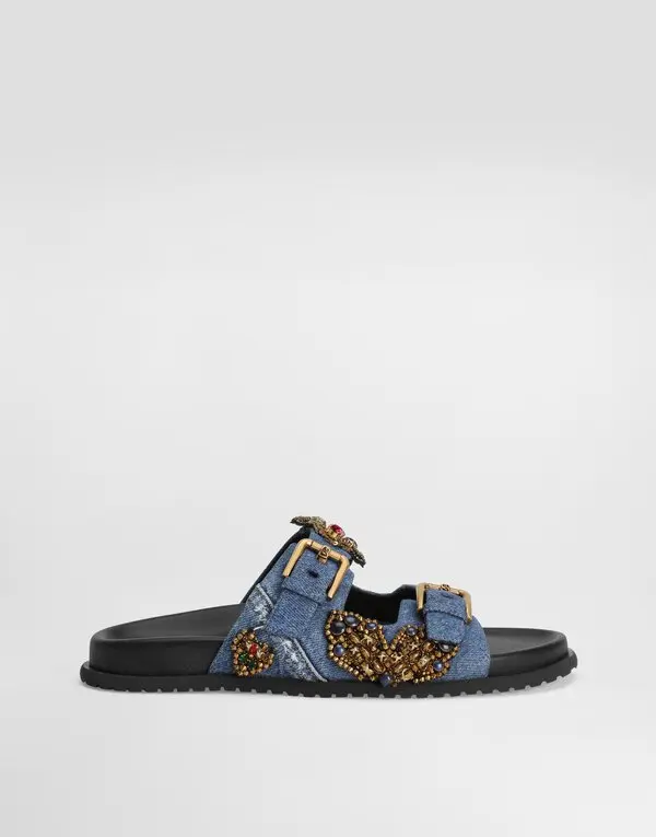 Dolce & Gabbana Flat Denim Slippers With Embroidery Slides And Mules Multi-colored