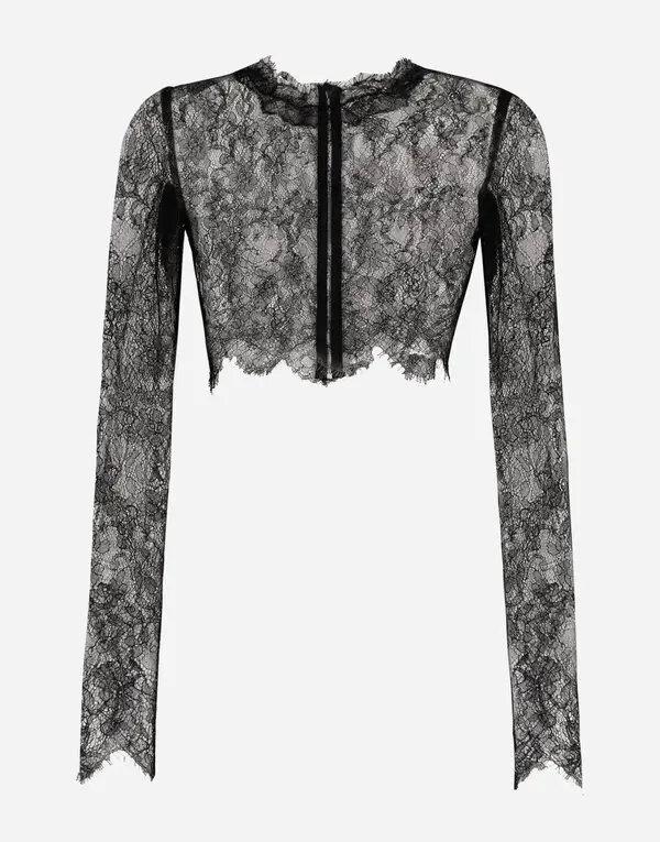 Dolce & Gabbana Long-sleeved Chantilly Lace Crop Top Shirts And Tops Lace - Black