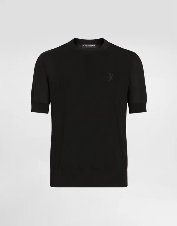 Dolce & Gabbana Silk Round-neck Sweater With Dg Embroidery Sweaters And Cardigans - Black