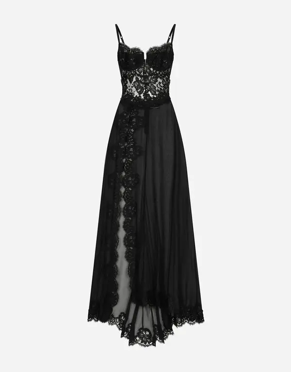 Dolce & Gabbana Long Silk Chiffon And Chantilly Lace Slip Dress Dresses Silk - Black