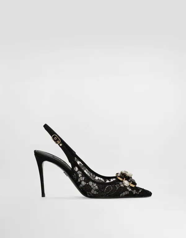 Dolce & Gabbana Rainbow Lace Slingbacks In Lurex Lace With Brooch - Black