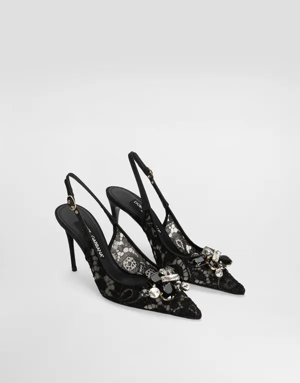 Dolce & Gabbana Rainbow Lace Slingbacks In Lurex Lace With Brooch - Black