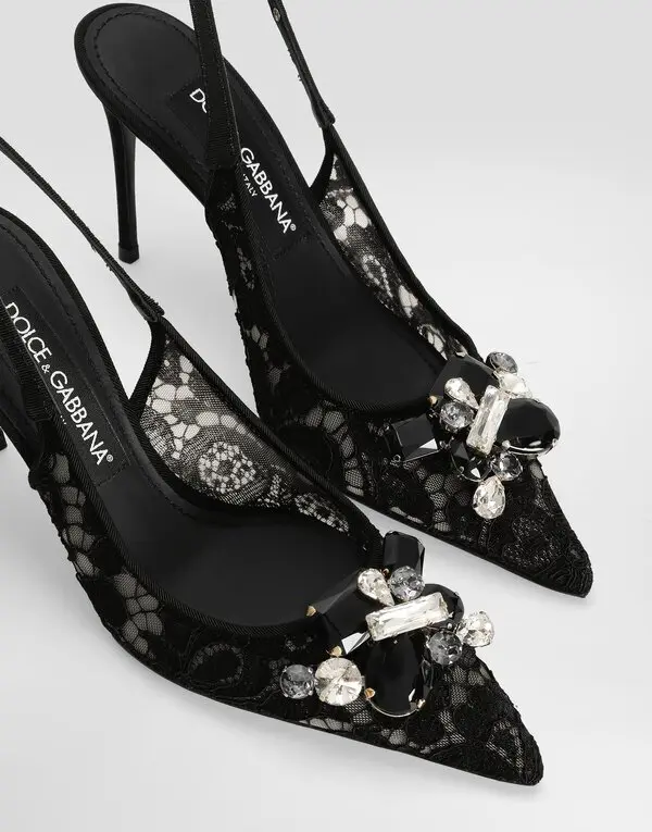 Dolce & Gabbana Rainbow Lace Slingbacks In Lurex Lace With Brooch - Black