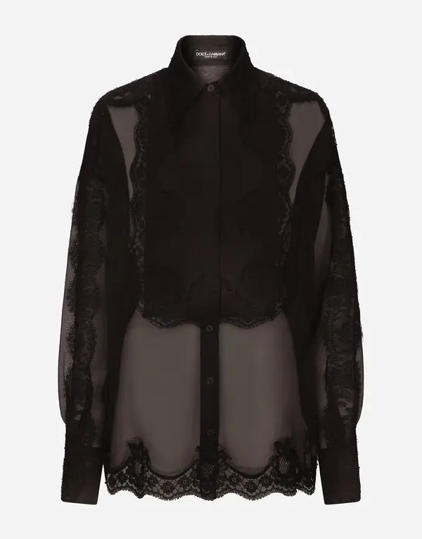 Dolce & Gabbana Organza Tuxedo Shirt With Lace Inserts Shirts And Tops - Black