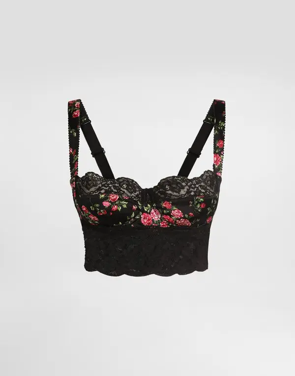 Dolce & Gabbana Small Rose Bouquets-print Satin And Lace Balconette Underwear - Multicolor