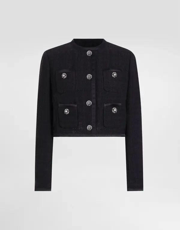 Dolce & Gabbana Cropped Single-breasted Raschel Tweed Jacket With Bejeweled Buttons Blazers - Black