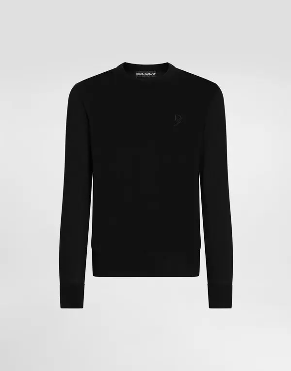 Dolce & Gabbana Silk Round-neck Sweater With Dg Embroidery - Black
