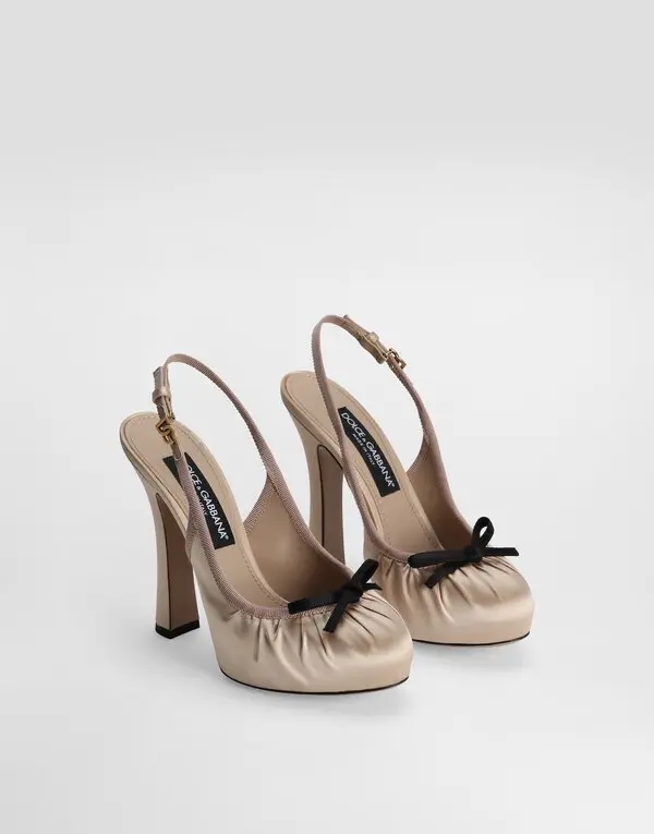 Dolce & Gabbana Satin Platform Slingback Pumps With Floral And Bow Detailing - Beige