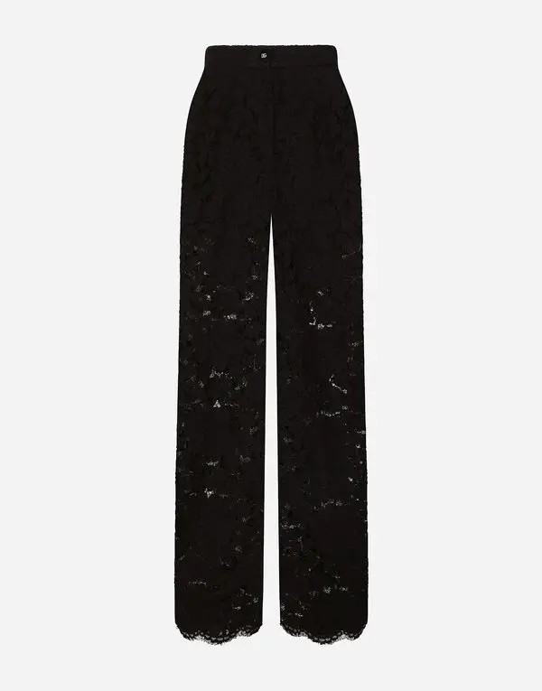 Dolce & Gabbana Flared Floral Cordonetto Lace Pants With Dg Logo Pants And Shorts - Black