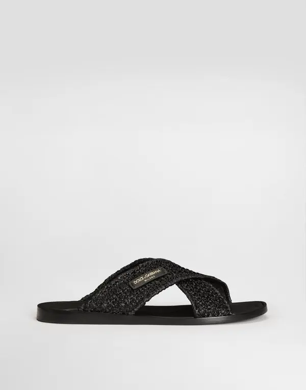 Dolce & Gabbana Raffia Slides With Dg Logo - Black