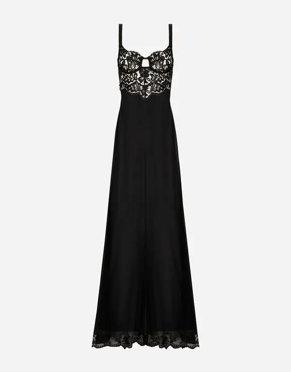 Dolce & Gabbana Long Silk Chiffon Dress With Lace Body Dresses Silk - Black