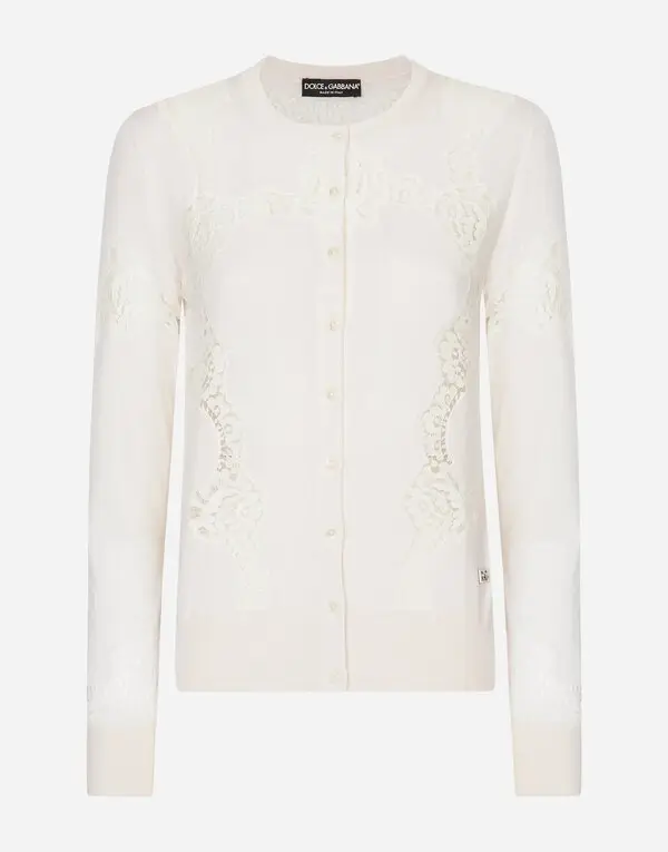 Dolce & Gabbana Cashmere And Silk Cardigan With Lace Inlay Sweaters And Cardigans - White