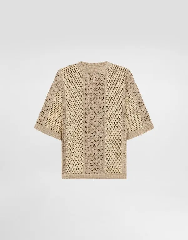 Dolce & Gabbana Round-neck Cotton And Viscose Crochet Top Sweaters And Cardigans - Beige