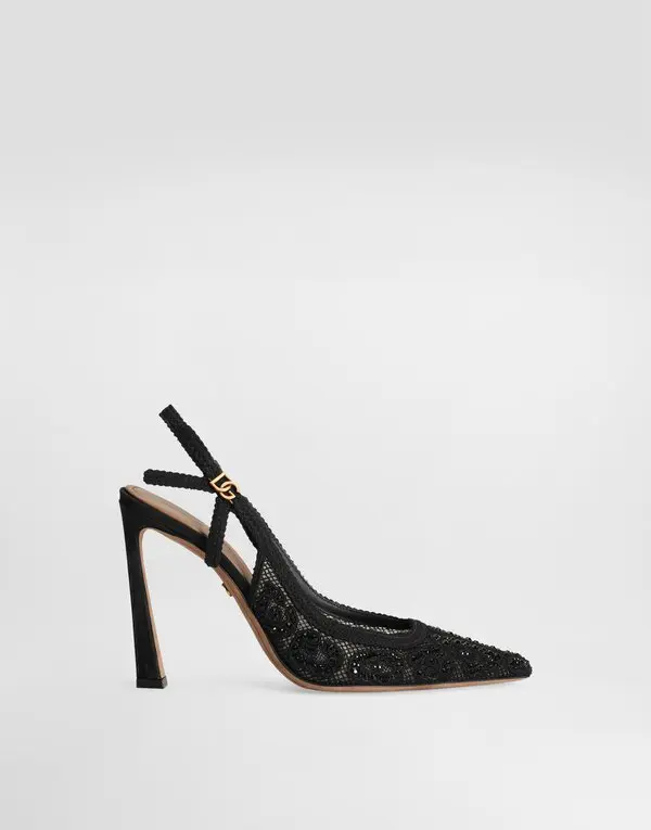 Dolce & Gabbana Leopard-design Lace Slingback Pumps With Fusible Rhinestones - Black