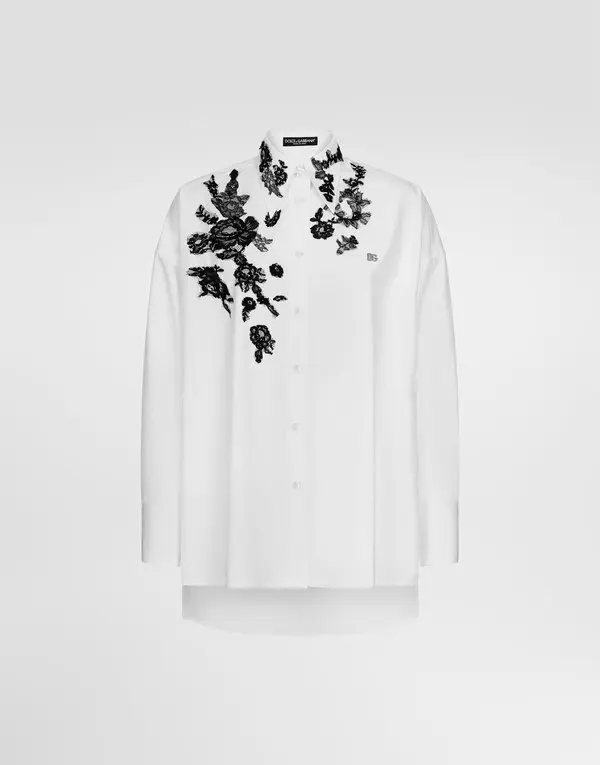 Dolce & Gabbana Oversize Cotton Shirt With Lace Appliqués - White