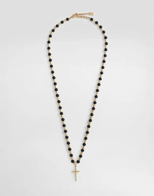 Dolce & Gabbana Brass Rosary Necklace With Gemstones And Cross Pendant