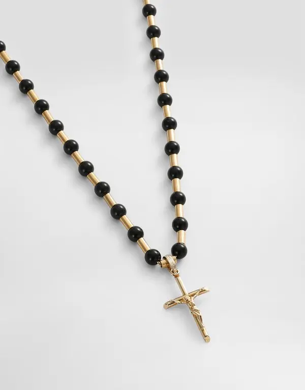 Dolce & Gabbana Brass Rosary Necklace With Gemstones And Cross Pendant