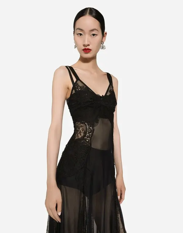 Dolce & Gabbana Tulle Midi Slip Dress With Lace Inserts Dresses Tulle