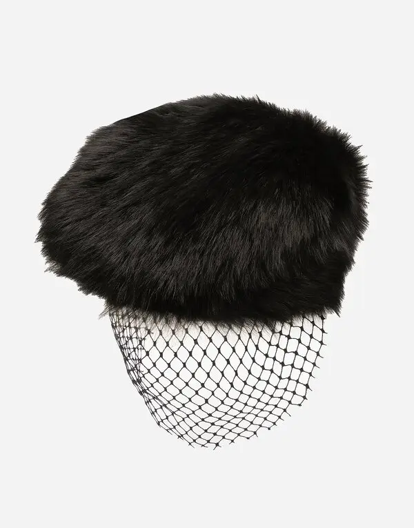 Dolce & Gabbana Shearling Flat Cap With Veil Hats And Gloves