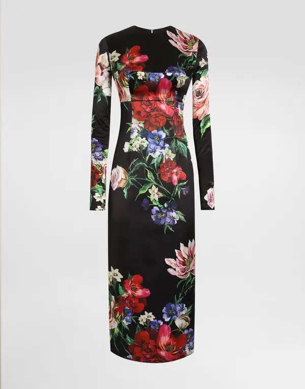Dolce & Gabbana Satin Calf-length Round-neck Dress With Floral Dresses - Print