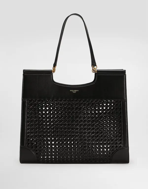 Dolce & Gabbana Shopping Sicily In Straw And Calfskin Weave Tote Bags - Black
