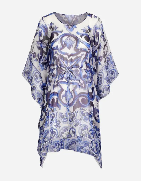 Dolce & Gabbana Short Majolica-print Chiffon Caftan Dresses Blue Silk - Multicolor