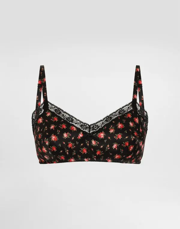 Dolce & Gabbana Small Rose-print Satin And Lace Bra Underwear - Multicolor