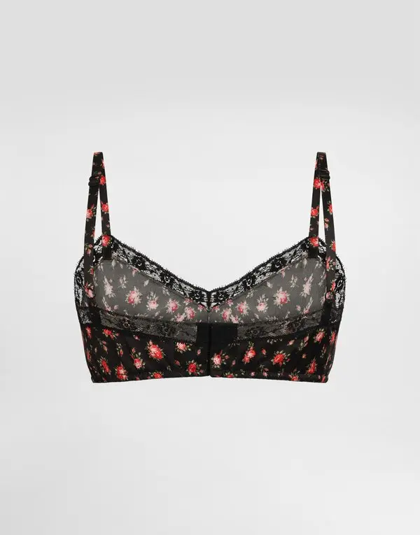 Dolce & Gabbana Small Rose-print Satin And Lace Bra Underwear