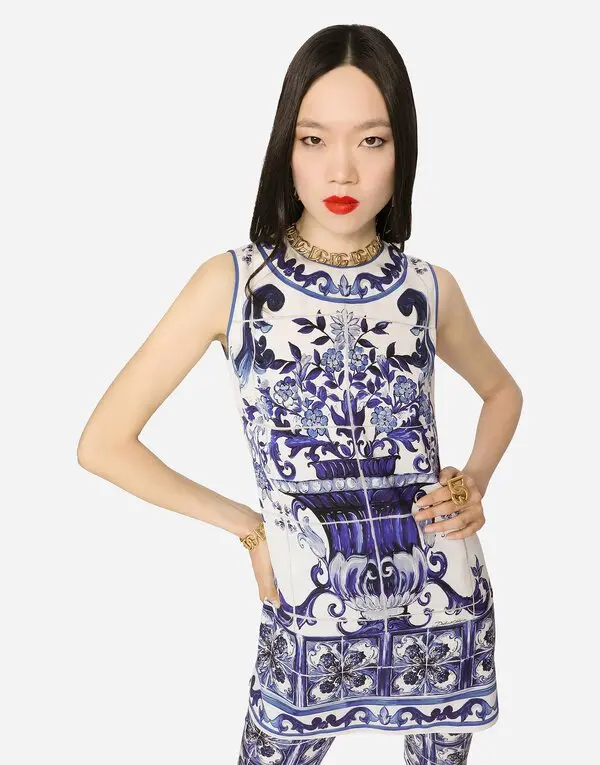 Dolce & Gabbana Majolica Print Charmeuse Sleeveless Top
