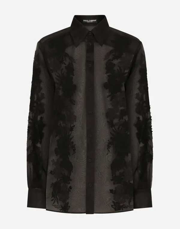 Dolce & Gabbana Organza Shirt With Lace Appliqués Shirts And Tops - Black
