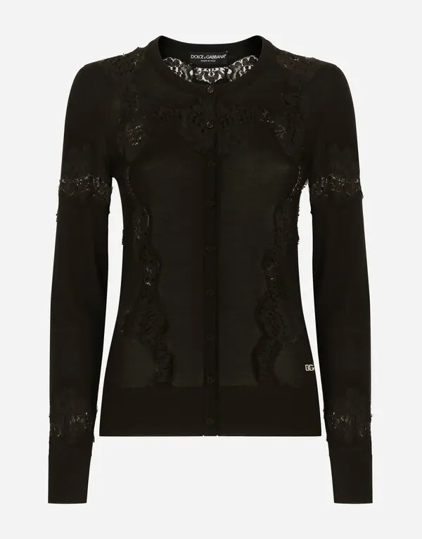 Dolce & Gabbana Cashmere And Silk Cardigan With Lace Inlay - Black