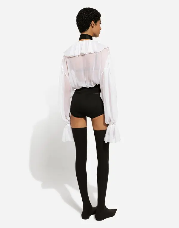 Dolce & Gabbana Silk Chiffon Shirt With Pussy-bow And Flower Appliqu - White