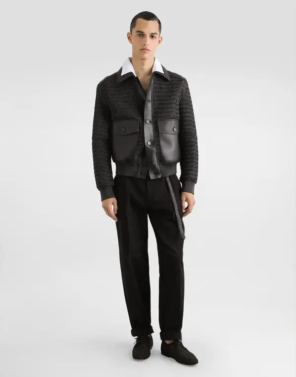 Dolce & Gabbana Leather And Raffia Mesh Jacket Coats And Jackets