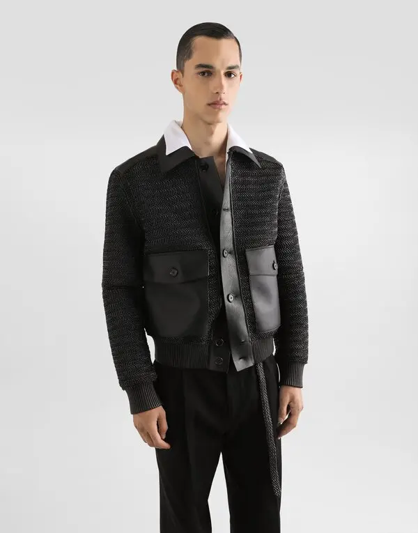 Dolce & Gabbana Leather And Raffia Mesh Jacket Coats And Jackets