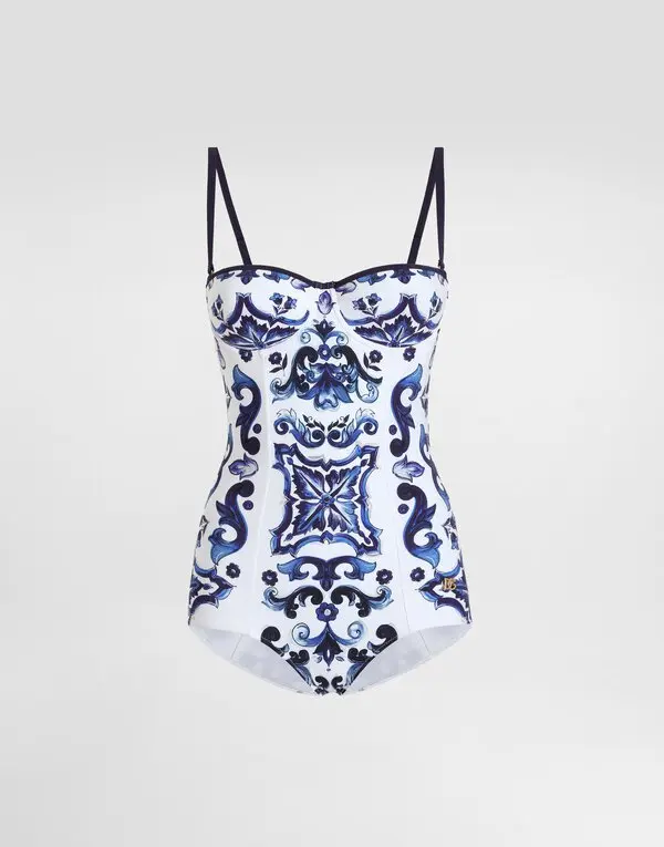 Dolce & Gabbana Dg Exclusive Majolica- One-piece Swimsuit Swimwear Blue Fabric - Print