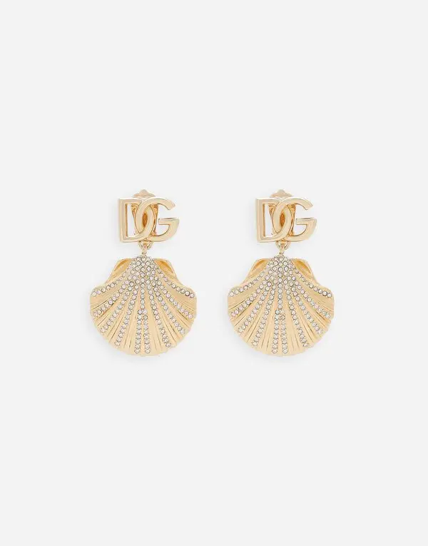 Dolce & Gabbana Earrings With Rhinestone-detailed Shell And Dg Logo Bijoux Metal - Gold