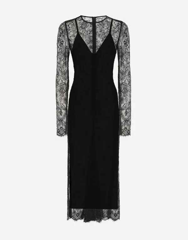 Dolce & Gabbana Chantilly Lace Fil Coupé Calf-length Dress Dresses Lace - Black