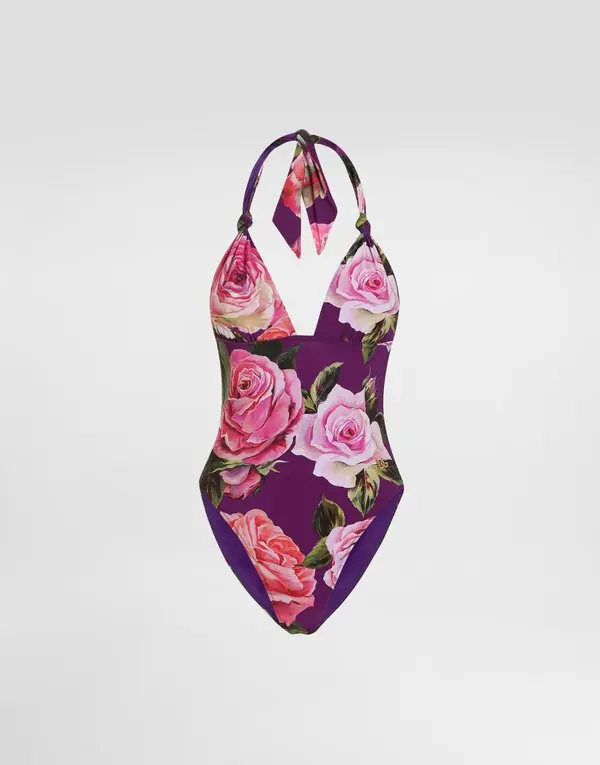 Dolce & Gabbana Rose- One-piece V-neck Swimsuit Swimwear - Print