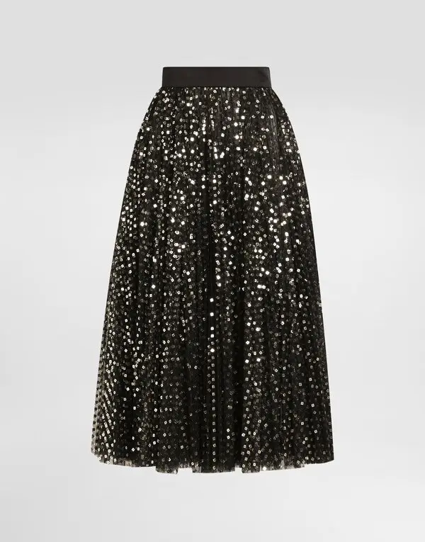 Dolce & Gabbana Tulle Midi Circle Skirt With Micro-sequin Embroidery Skirts Tulle - Gold