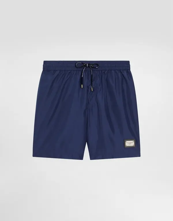 Dolce & Gabbana Mid-length Swim Trunks With Branded Plate - Blue